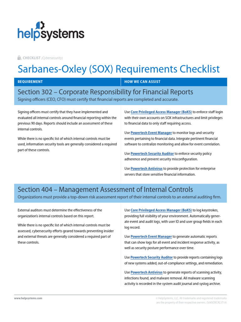 Cs Sox Requirements Checklist | PDF | Internal Control | Security