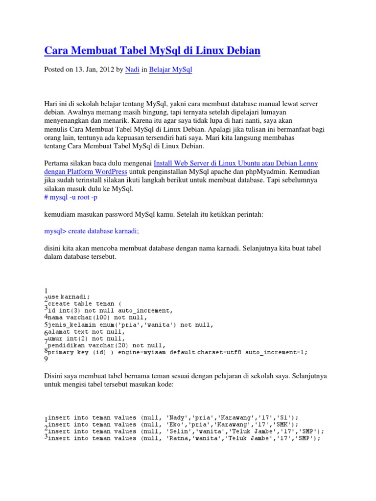 Cara Membuat Tabel MySql Di Linux Debian | PDF