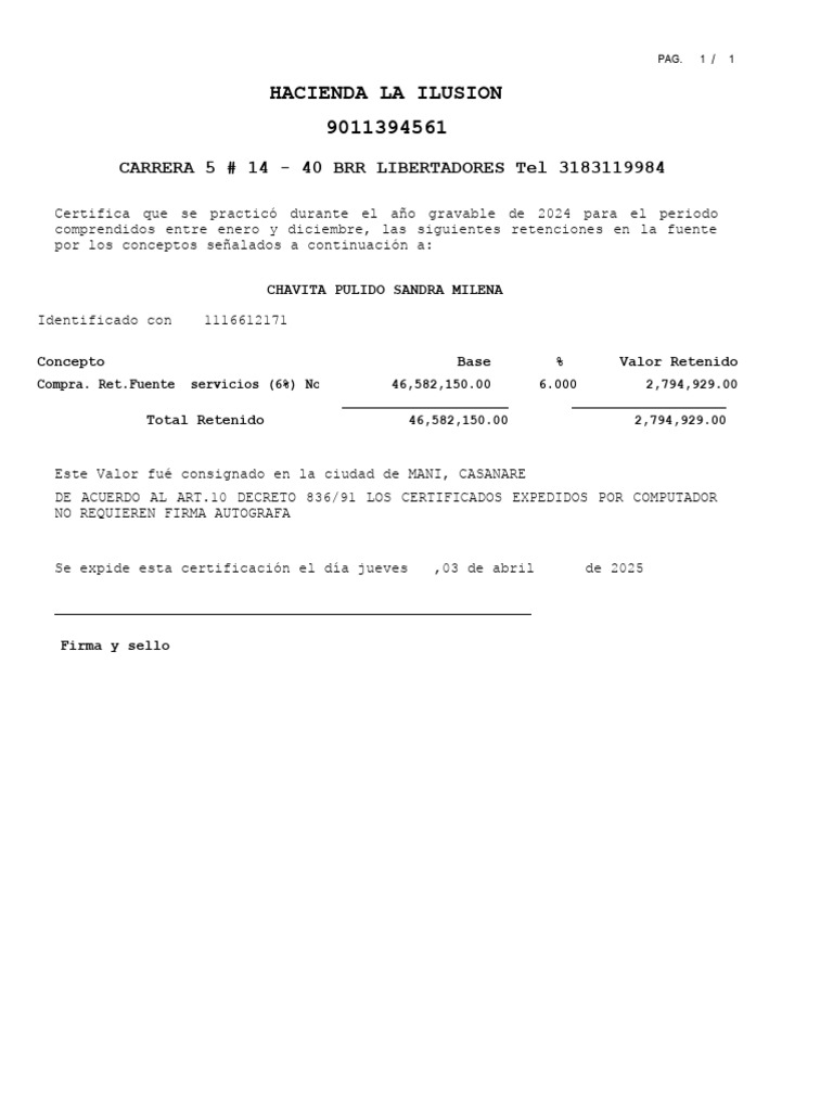 2023-Certificado Rte Fte Chavita Pulido Sandra Milena | PDF