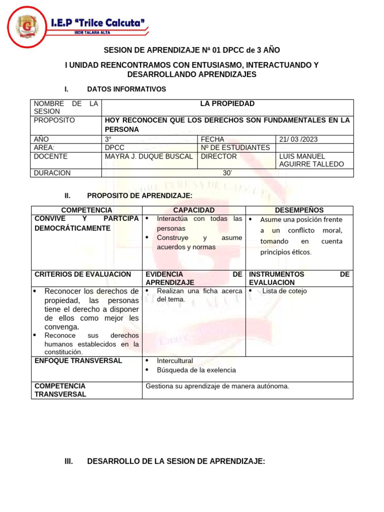 SESION DE APRENDIZAJE N 01 DPCC de 3 AÑO | PDF | Aprendizaje | Evaluación