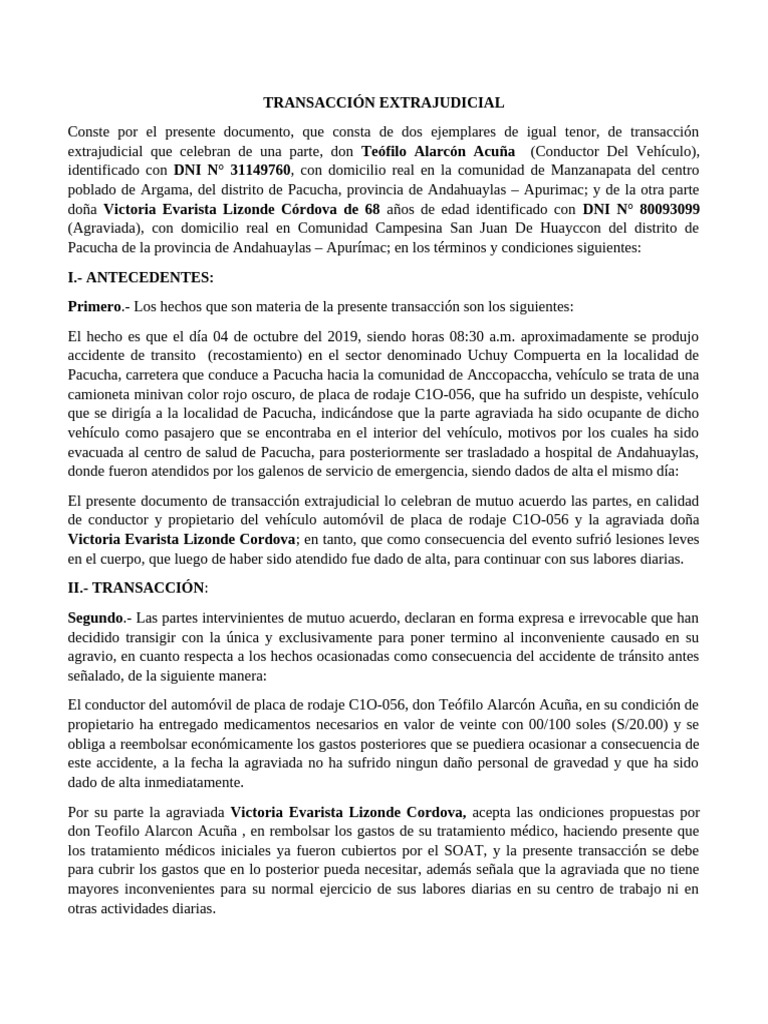 TRANSACCIÓN EXTRAJUDICIAL Victoria | PDF
