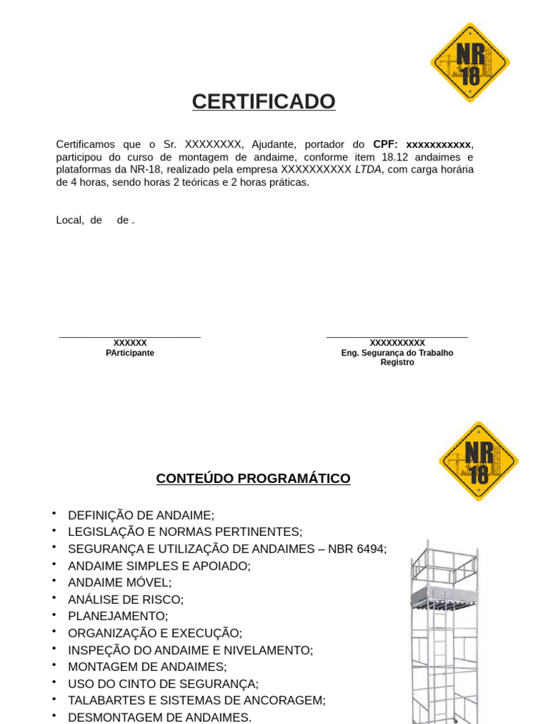 Certificado NR18 Andaimes | PDF
