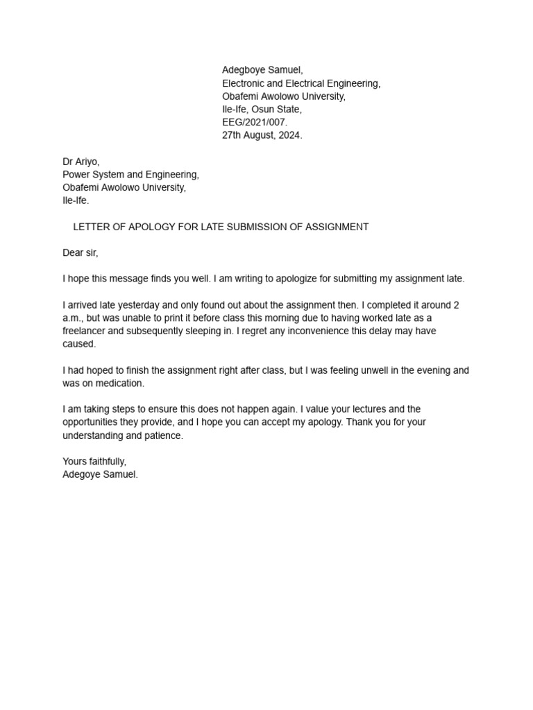 Apology Letter for Late Assignment Submission | PDF