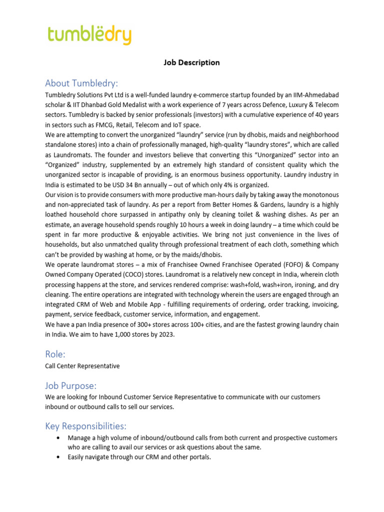 Call Center Representative at Tumbledry | PDF | Customer Relationship ...