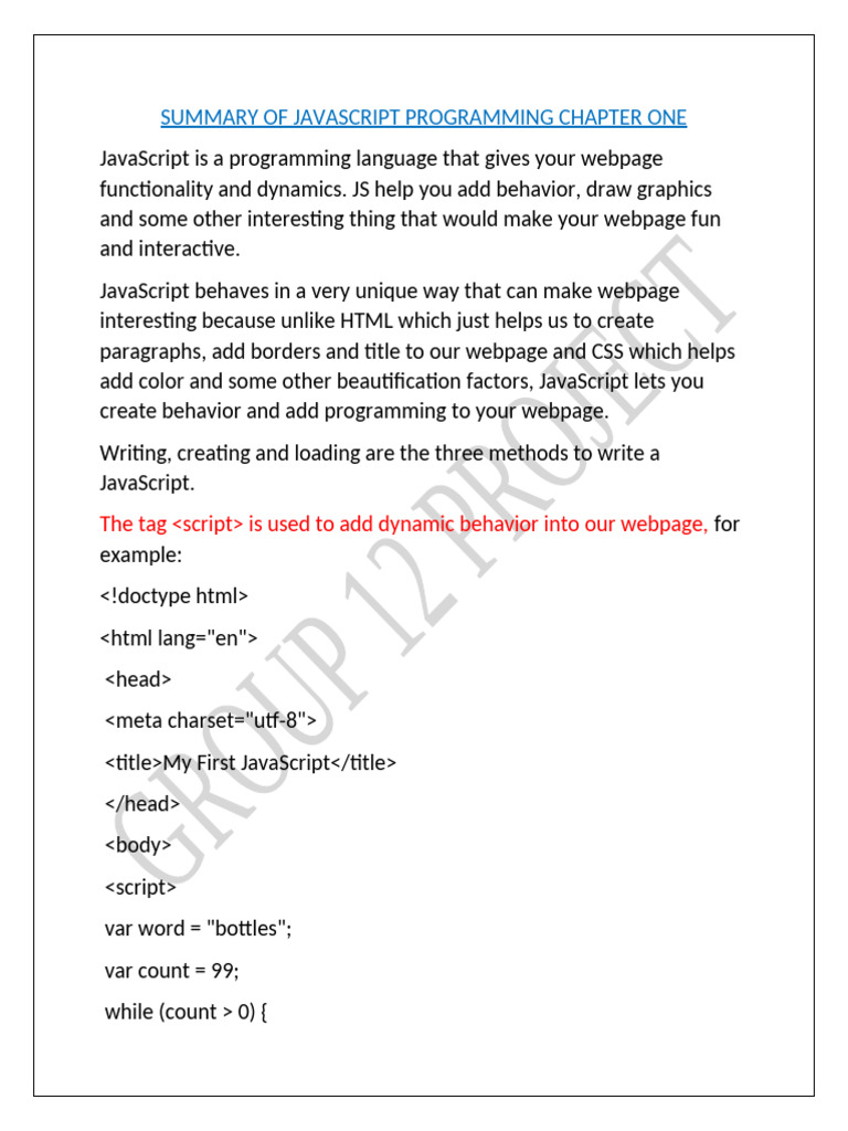 Summary Of Javascript Programming Combine Pdf Java Script String Computer Science