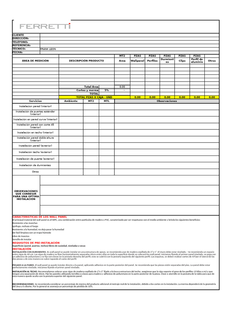 Ficha de Medición Wall Panel - PLANTILLA | PDF
