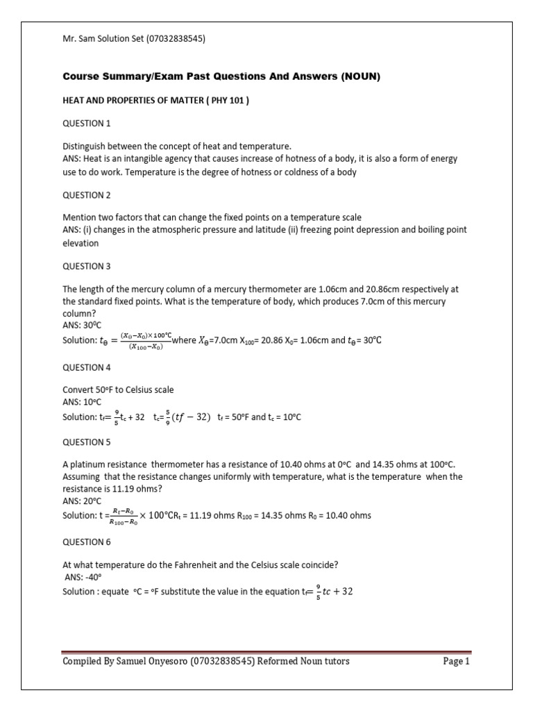 PHY 101 COURSE SUMMARY&Past Questions and Answers | PDF | Heat | Temperature
