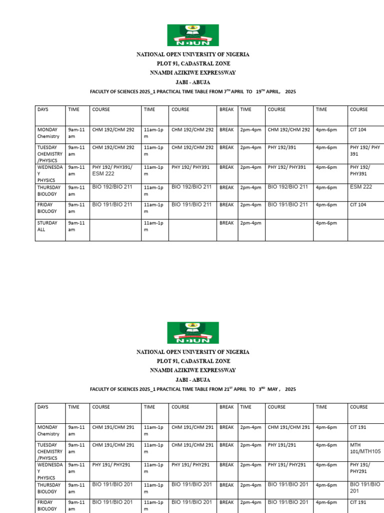 Faculty of Sciences 2025 - 1 Practical Time Table | PDF