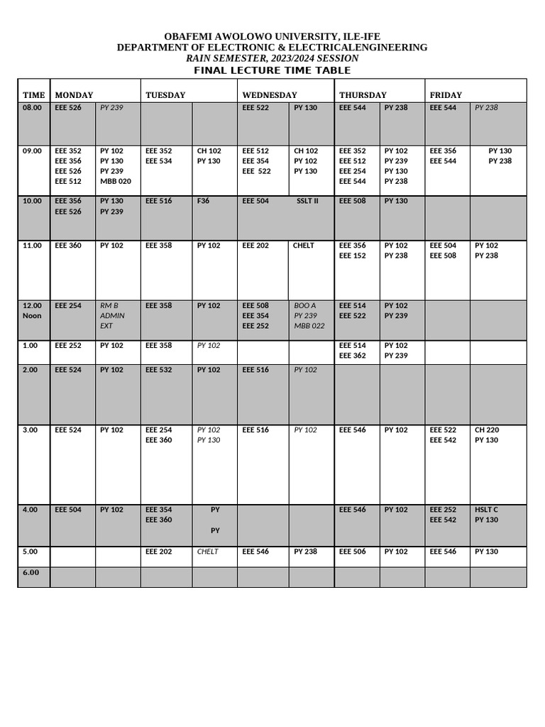 2023 2024 Rain Semester Lecture Time Table | PDF