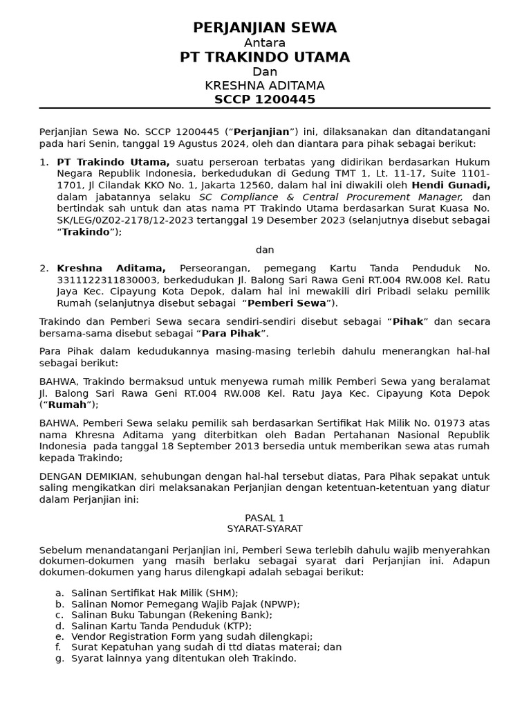 KRESHNA ADITAMA (PK Sewa Rumah Karyawan for Subur S - SCCP 1200445) (1) | PDF