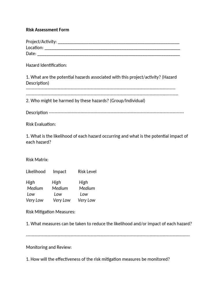 Risk Assessment Form Template | PDF