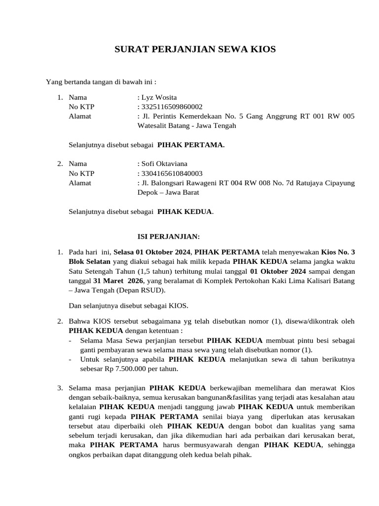 surat perjanjian sewa kios pekalongan 2024 | PDF