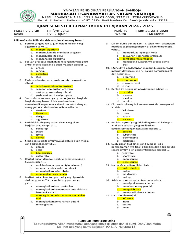 Soal Informatika Semester Genap 2024-2025 | PDF