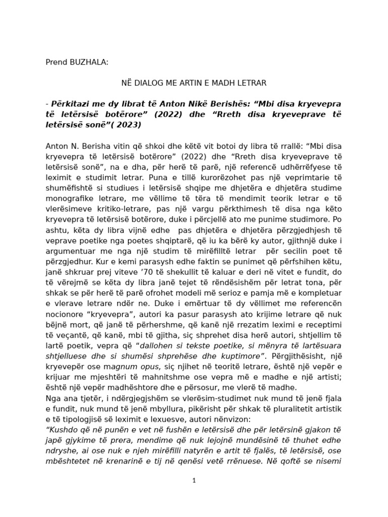 Anton N Berisha, Kyreverpat NË DIALOG ME ARTIN E MADH LETRAR | PDF