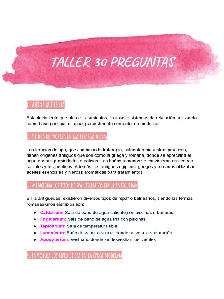 Taller 30 preguntas 22 de mayo | PDF | Spa | Agua