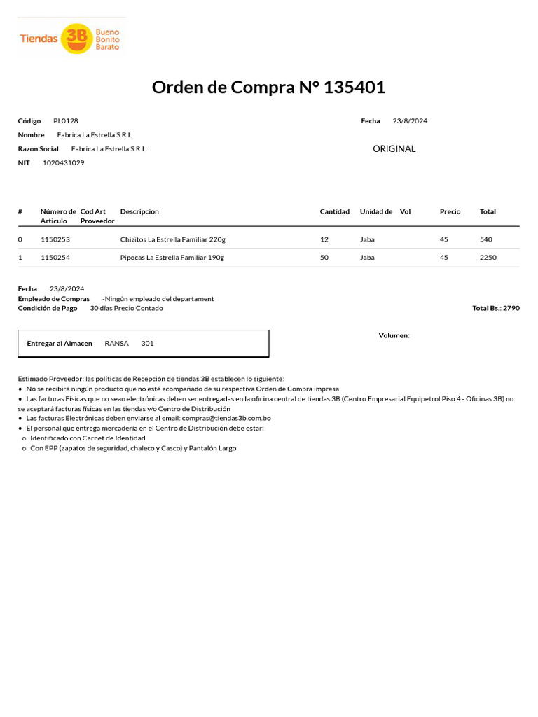 Orden de Compra #135401: Original | PDF