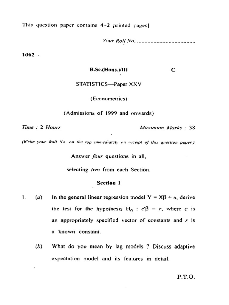 BSC (Hons) Iii Statistics Paper-Xxv (Econometrics) | PDF