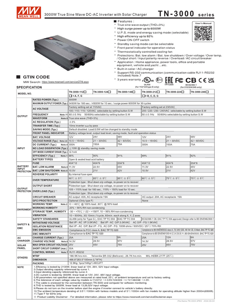 Mean Well TN-3000 Data Sheet TN-3000-212C | PDF | Power Inverter ...