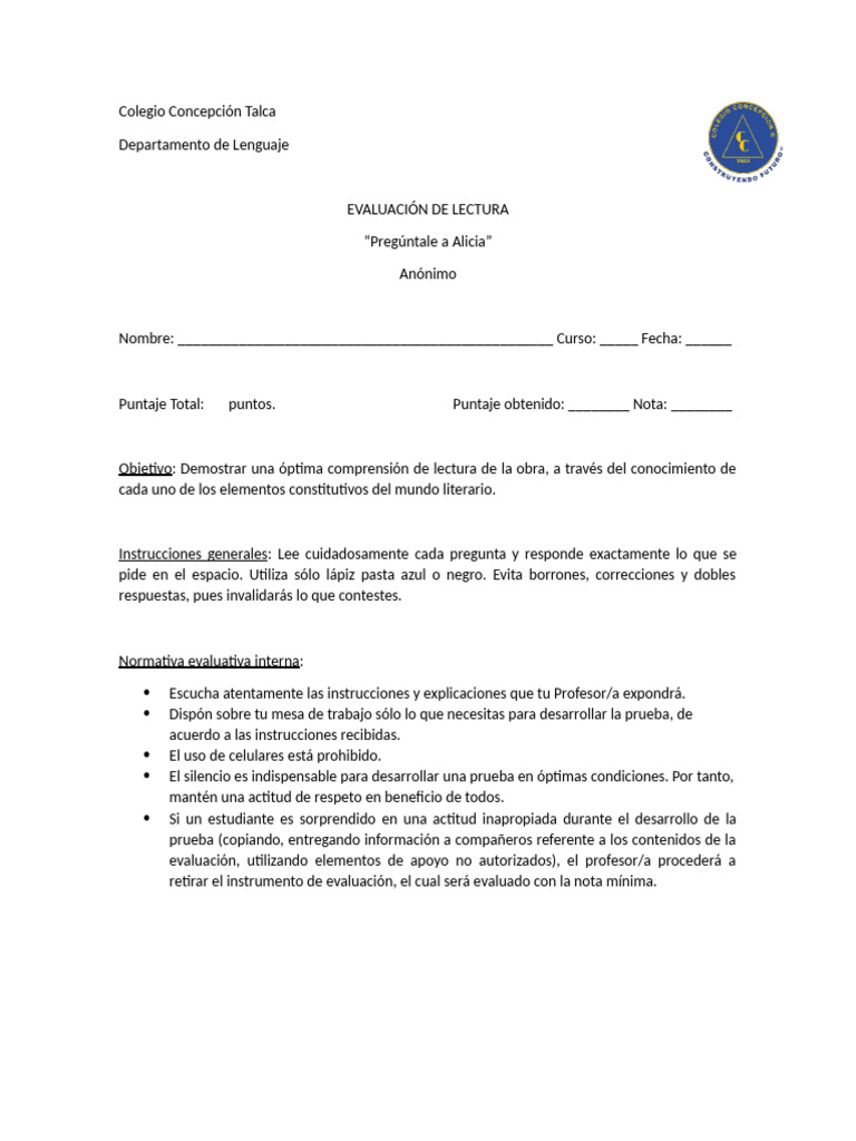 Prueba Preguntale A Alicia 1 Medio CLAVES | PDF
