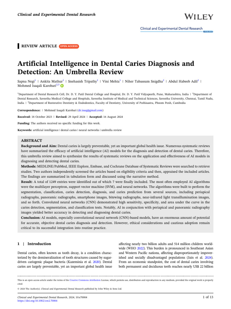 Artificial Intelligence in Dental Caries Diagnosis | PDF | Receiver Operating Characteristic ...