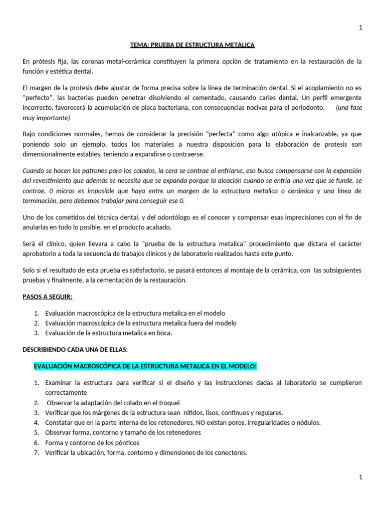 Tema 1 Prueba de Estructura Metalica | PDF | Odontología