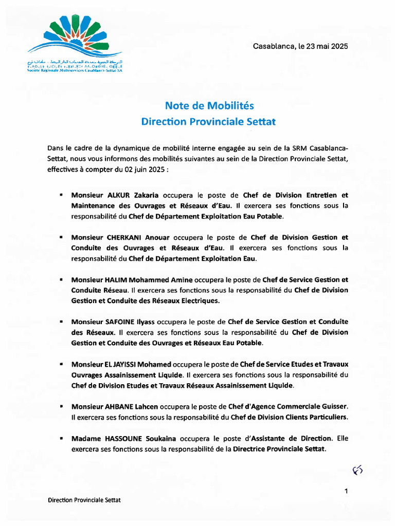 2025 SRM CS Note de Mobilité DP Settat | PDF