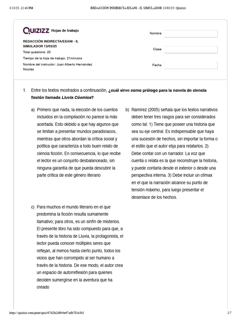 REDACCIÓN INDIRECTA - EXANI - II, SIMULADOR 13 - 03 - 25 - Quizizz ...
