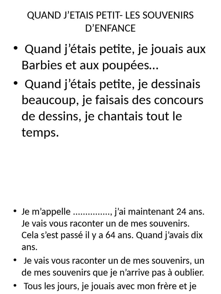 Quand j’Etais Petit- Les Souvenirs d’Enfance | PDF