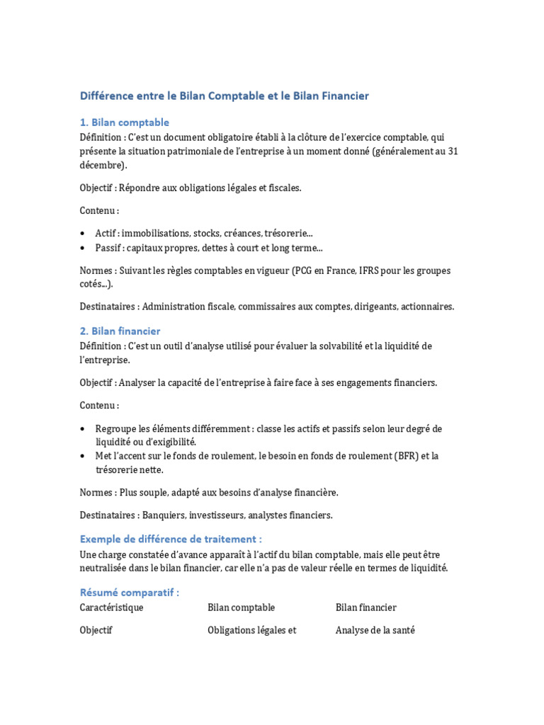 Différences entre Bilan Comptable et Financier | PDF