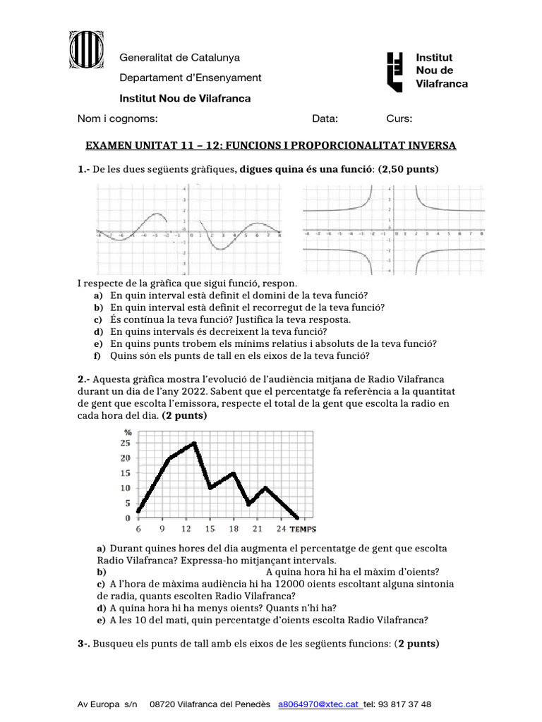 Examen 3r ESO - Unitat 11 I 12 Funcions I Proporcionalitat Inversa | PDF