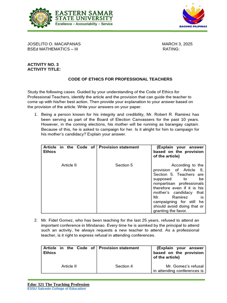 Code of Ethics for Teachers: Case Studies | PDF | Teachers