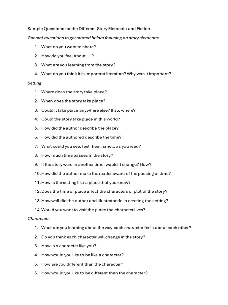 Sample Questions For The Different Story Elements and Fiction | PDF ...