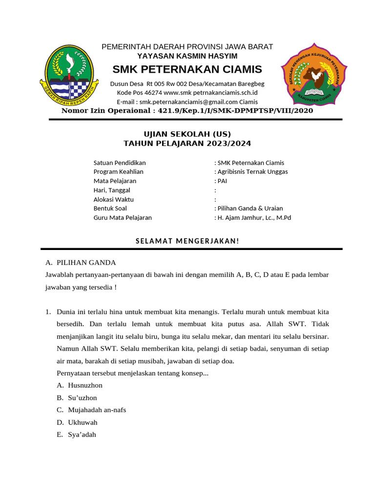 SOAL PAI US KURTILAS 2024 | PDF