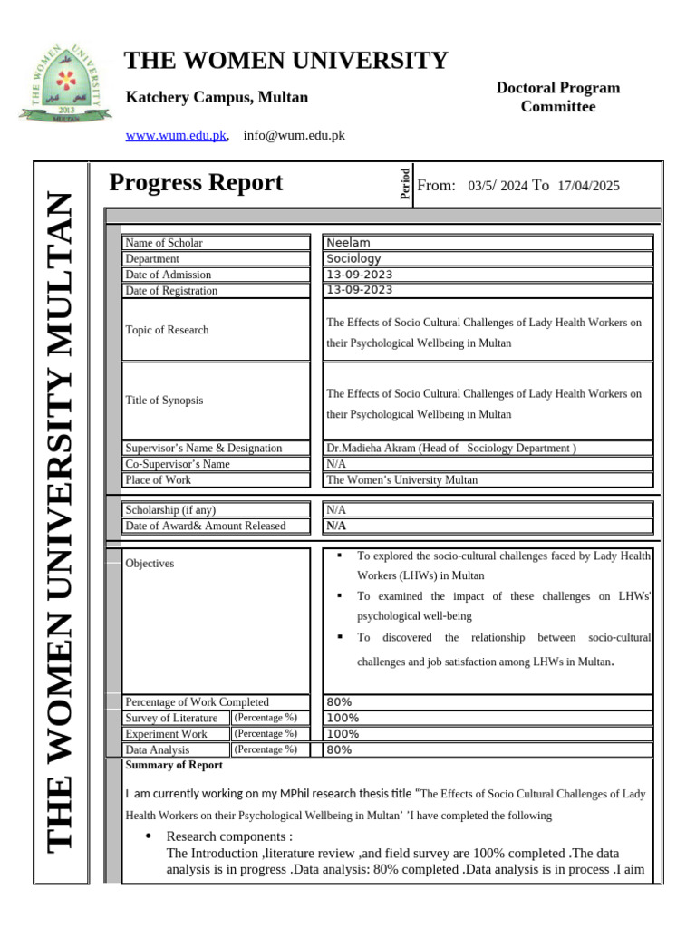 Progress Report: Lady Health Workers' Study | PDF | Thesis | Sociology