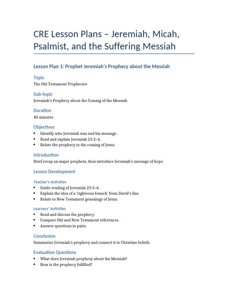 CRE Lesson Plans Jeremiah Micah Psalmist SufferingMessiah | PDF | Jesus ...