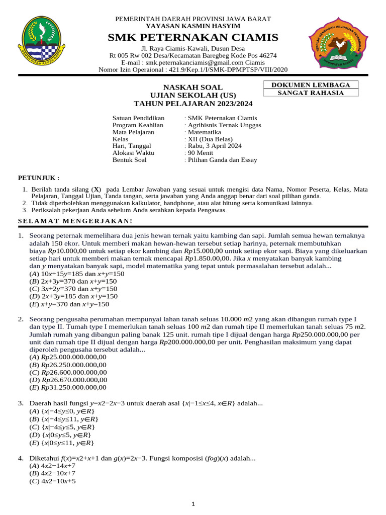 Soal Us MTK Xii | PDF