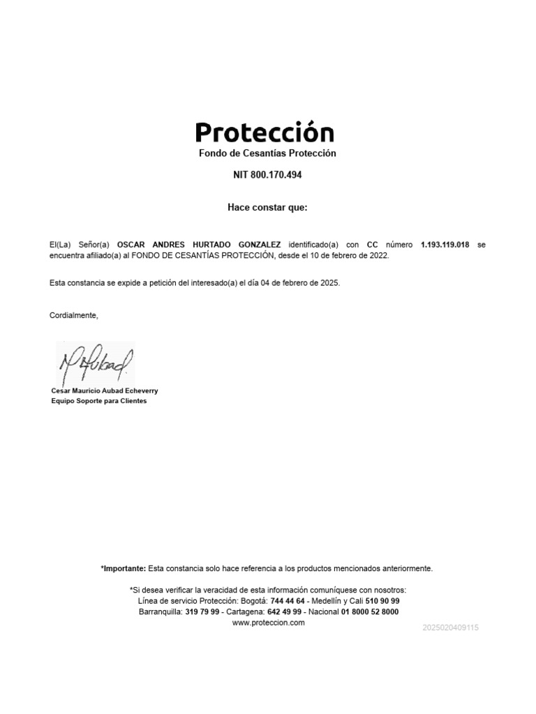 Certificado de afiliación de Cesantías (2) | PDF