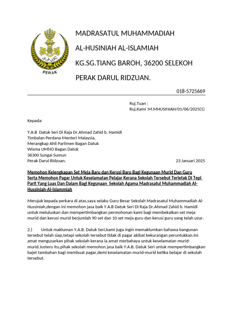 Surat Rasmi Permohonan Sekolah Agama Datuk Zahid | PDF
