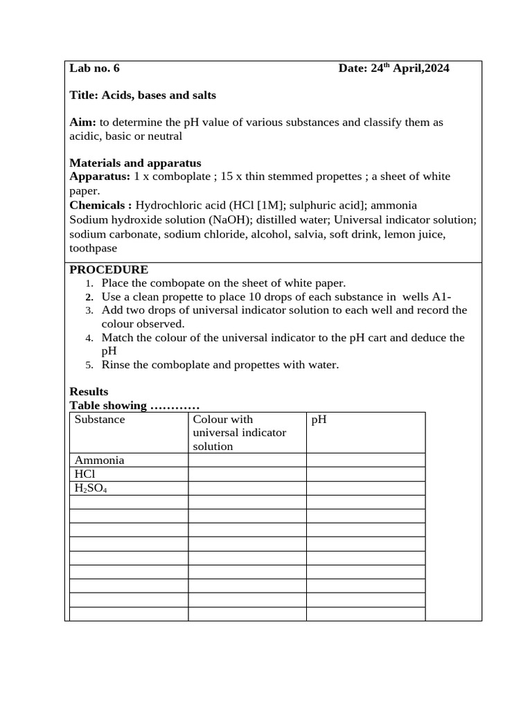 Grade 10 Lab No. 6 - Acids, Bases and Salts | PDF