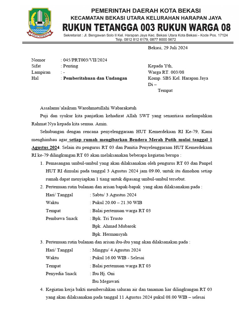 Undangan Pertemuan Rutin Dan Kerja Bakti Juli 2024 | PDF