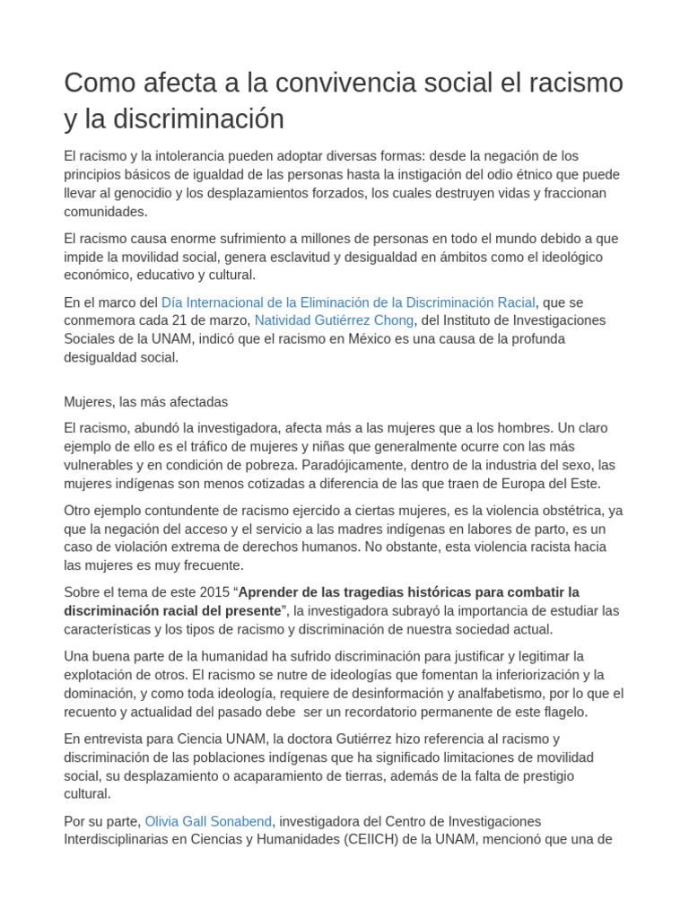 Impacto Del Racismo En La Convivencia Social Pdf Discriminación Y