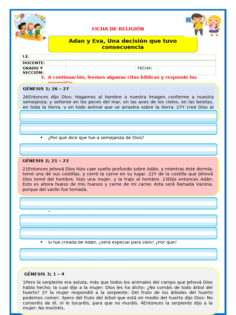 Ficha de Religion de Adan y Eva | PDF | Adán | Adán y Eva