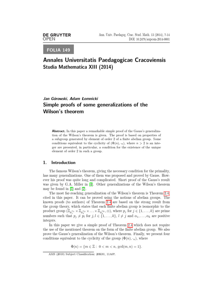 Simple Proofs of Some Generalization Wilson Theorem | PDF | Group ...