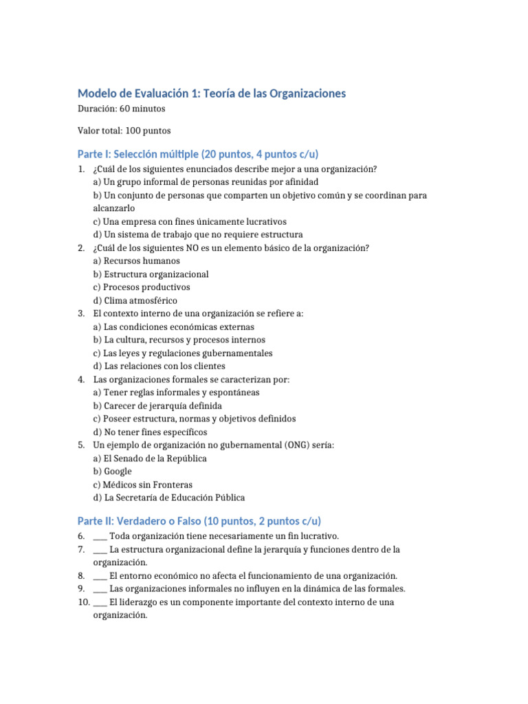 Modelos Evaluacion Teoria Organizaciones Con Respuestas Rubrica | PDF | Business