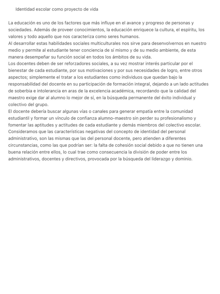Identidad Escolar Como Proyecto de Vida | PDF