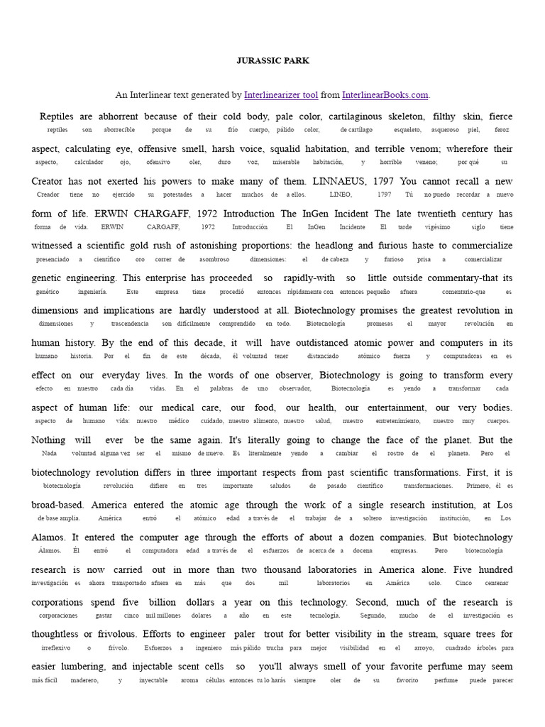 Jurassik Park Interlinear English Spanish | PDF | Biología | Ciencias de la vida