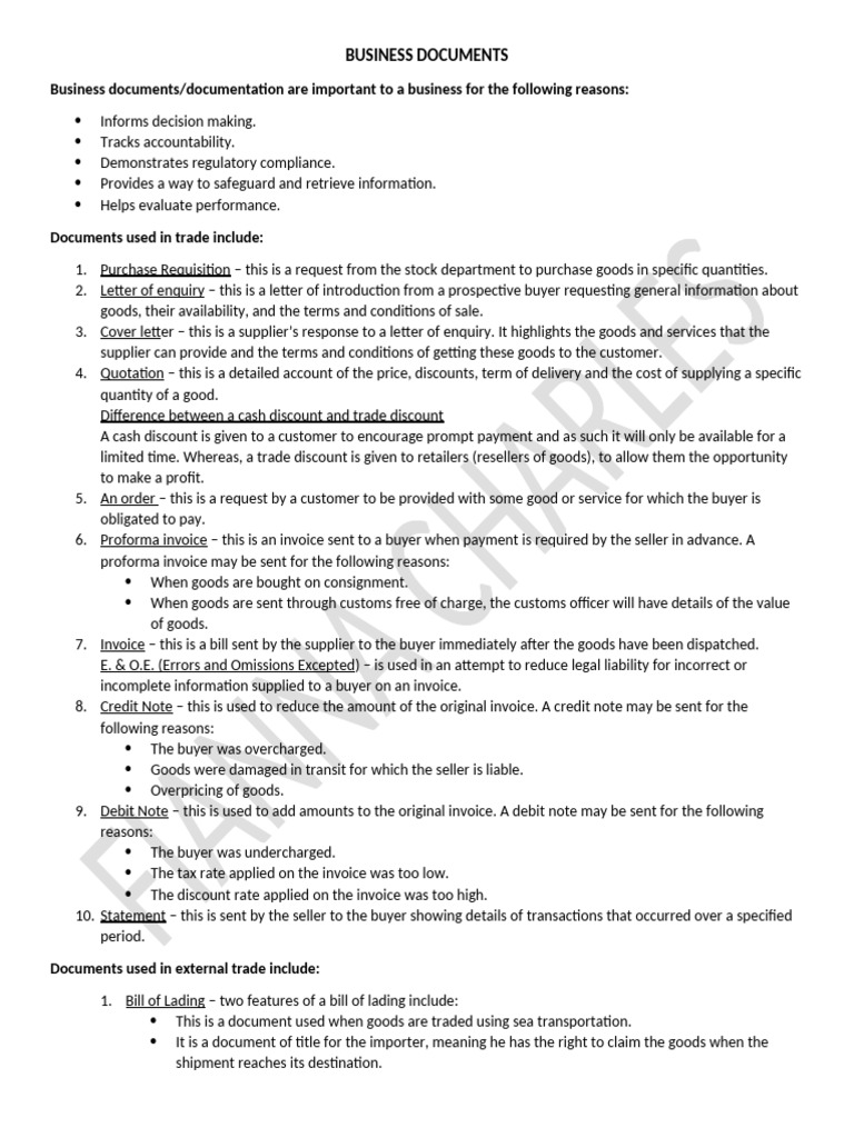 BUSINESS DOCUMENTS note | PDF | Letter Of Credit | Invoice