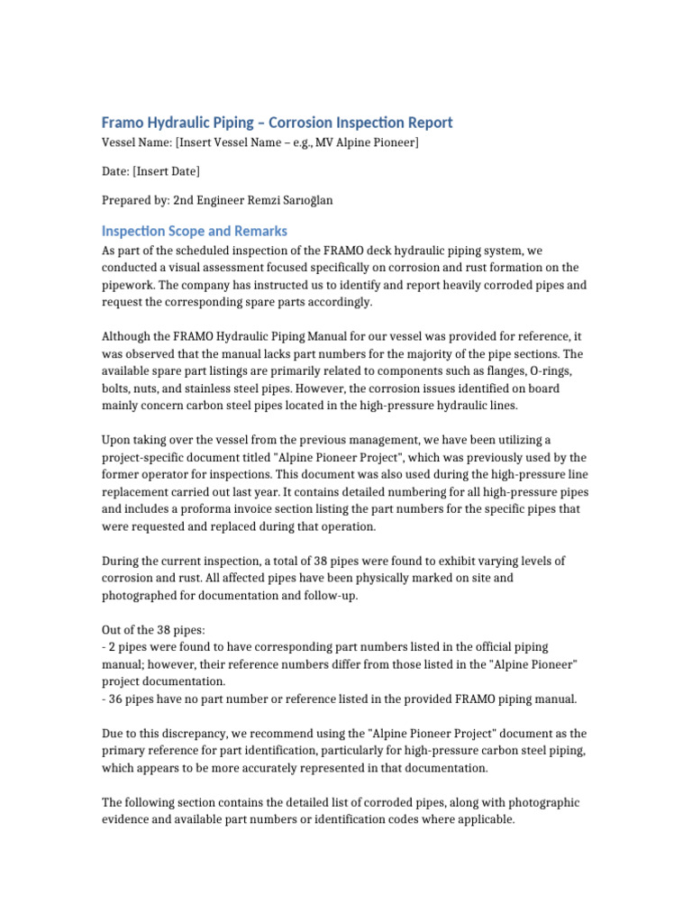 Framo Hydraulic Inspection Report | PDF | Corrosion | Pipe (Fluid ...