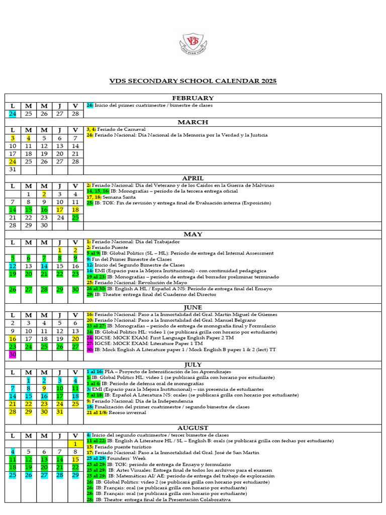 Calendario Escolar Secundaria 2025 | PDF