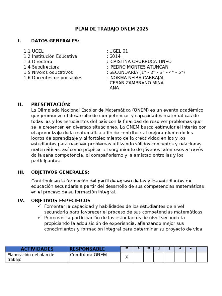 Plan de Trabajo Onem 2025 | PDF | Cognición | Aprendizaje
